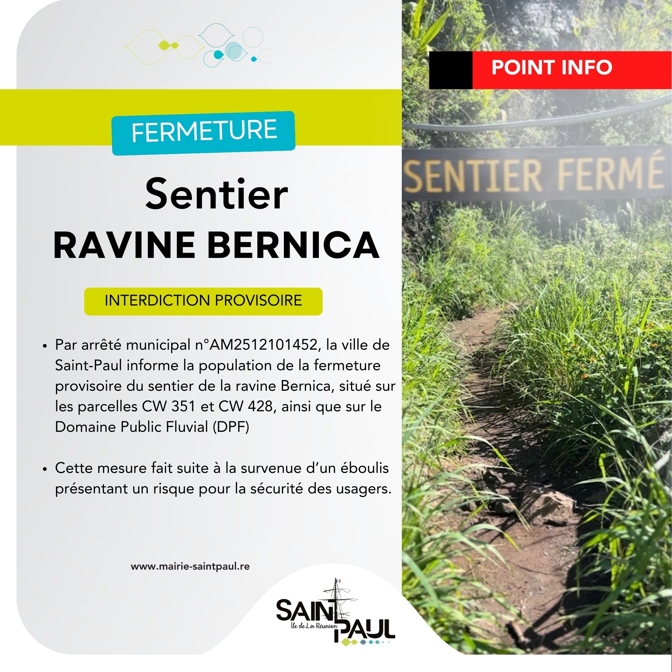 Interdiction d’accès au sentier de la ravine Bernica - Ville de Saint-Paul